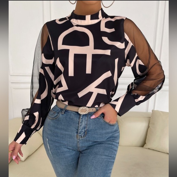 Tops | Classic Sheer Letters Alphabet Mesh Lace Long Sleeve Top Blouse ...